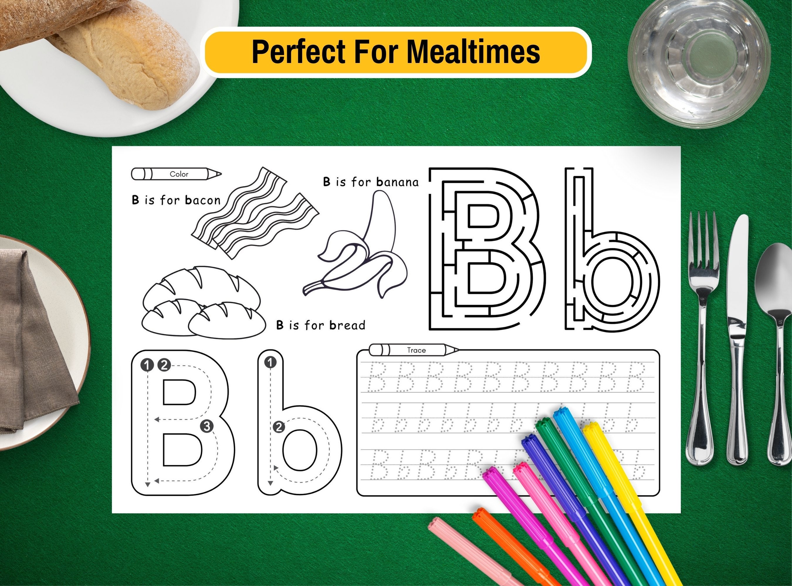Alphabet Activity Placemats for Kids, Food Theme, Vocabulary Coloring ...