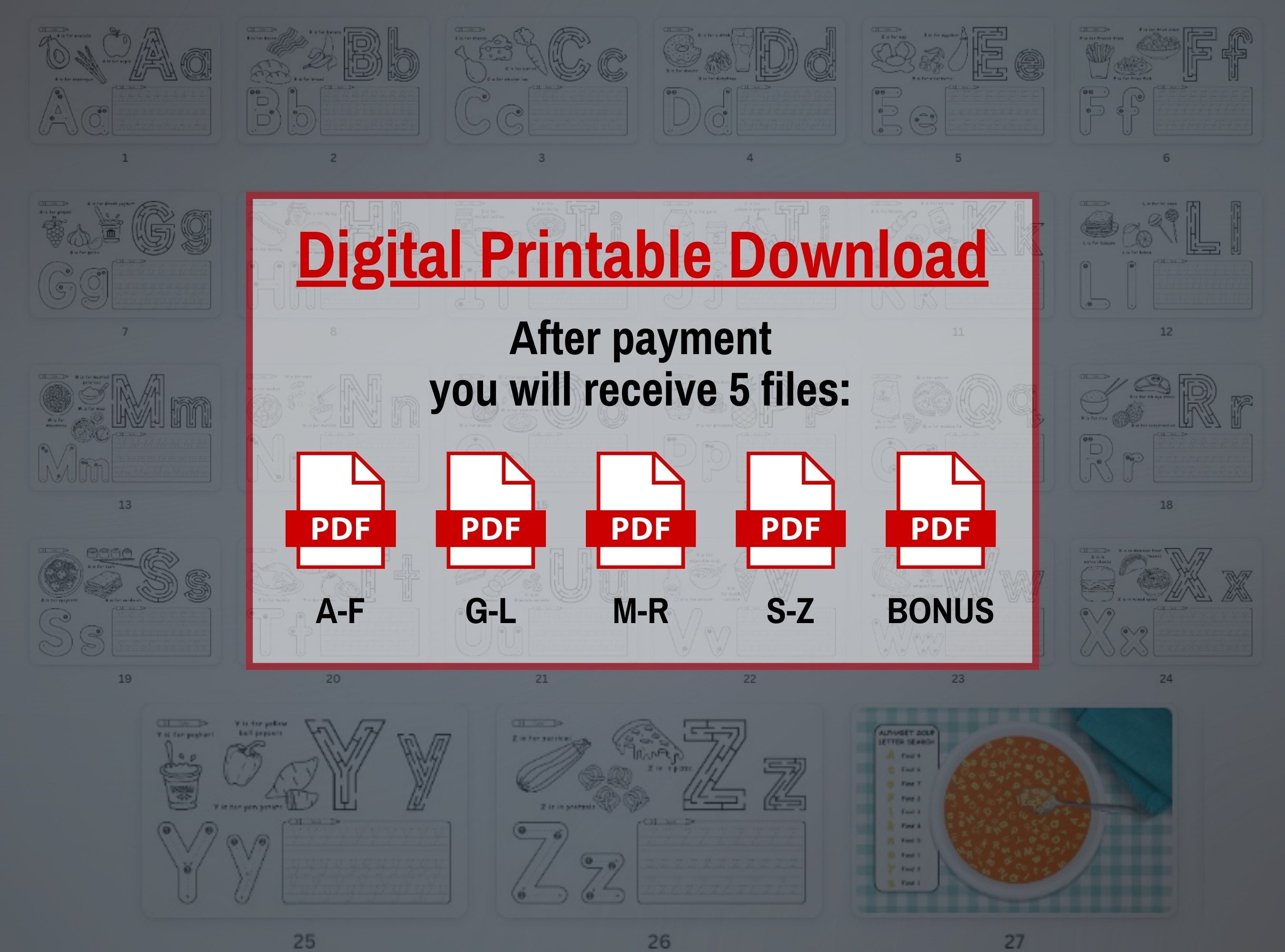 Alphabet Activity Placemats for Kids, Food Theme, Vocabulary Coloring ...