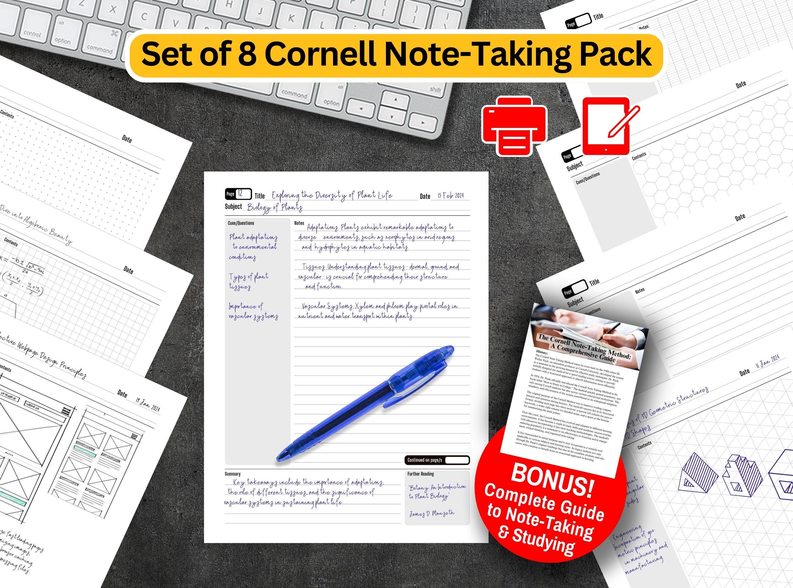 Cornell Notes Method Template Pack - 8 Note Taking Sheets Incl. College ...
