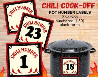 1-30 Chili Cook-off Pot Number Cards, Chili Numbers Labels, Chili Cook ...