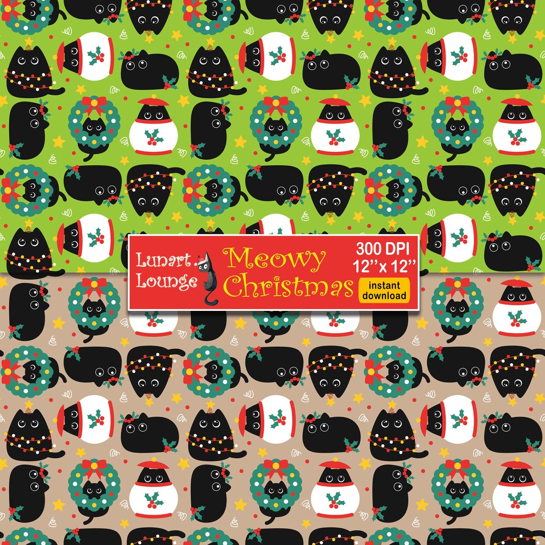 Meowy Christmas Seamless Patterns, Christmas Black Cat Digital Papers ...