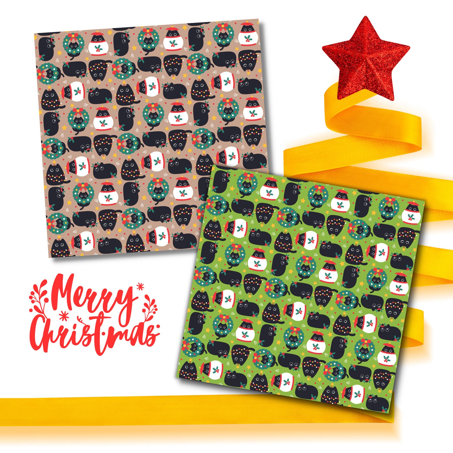 Meowy Christmas Seamless Patterns, Christmas Black Cat Digital Papers ...