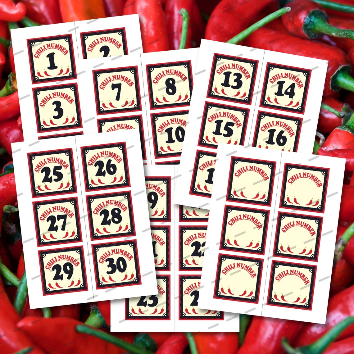 1-30 Chili Cook-off Pot Number Cards, Chili Numbers Labels, Chili Cook ...
