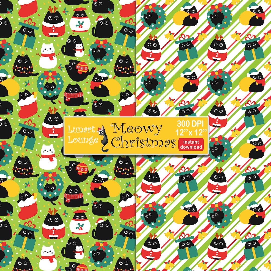 Meowy Christmas Seamless Pattern, Christmas Black Cat Digital Paper ...