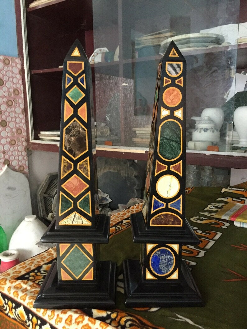 Monumental Pair of Obelisks Inlay Stones Semi Precious Stone Handmade ...