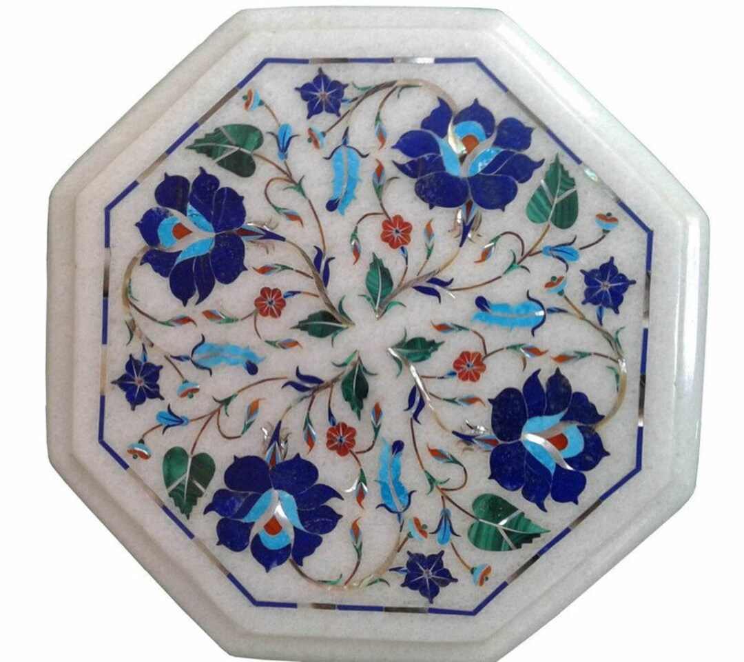 White Marble Corner Table Top Inlay Work Side Table Top With Floral ...