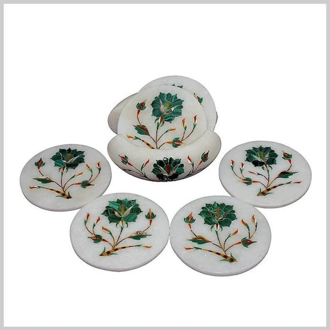 New Marble Tea Coasters Set Inlaid With Semi Precious Stones Tree of ...