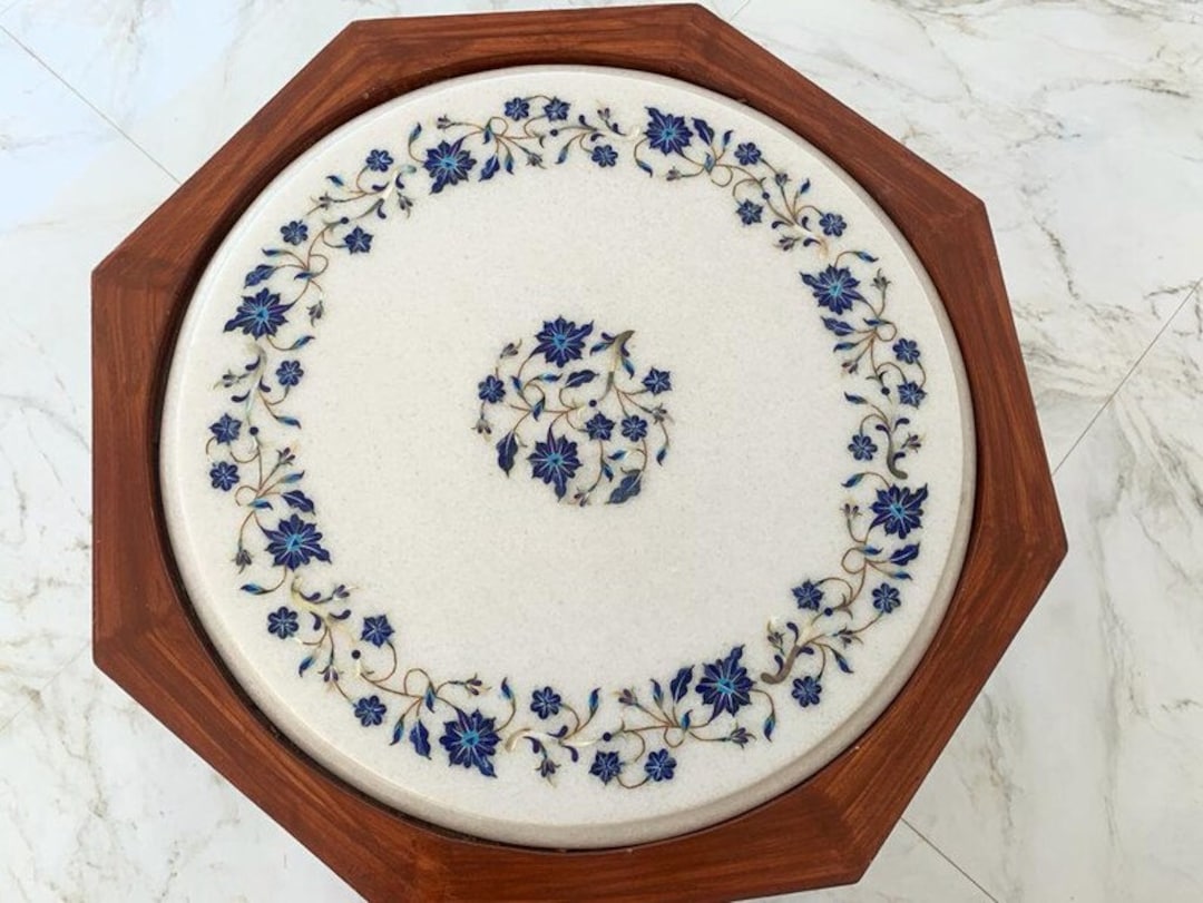 Marble Round Side Corners Table Top Handmade Lapis Semi Precious Stones ...