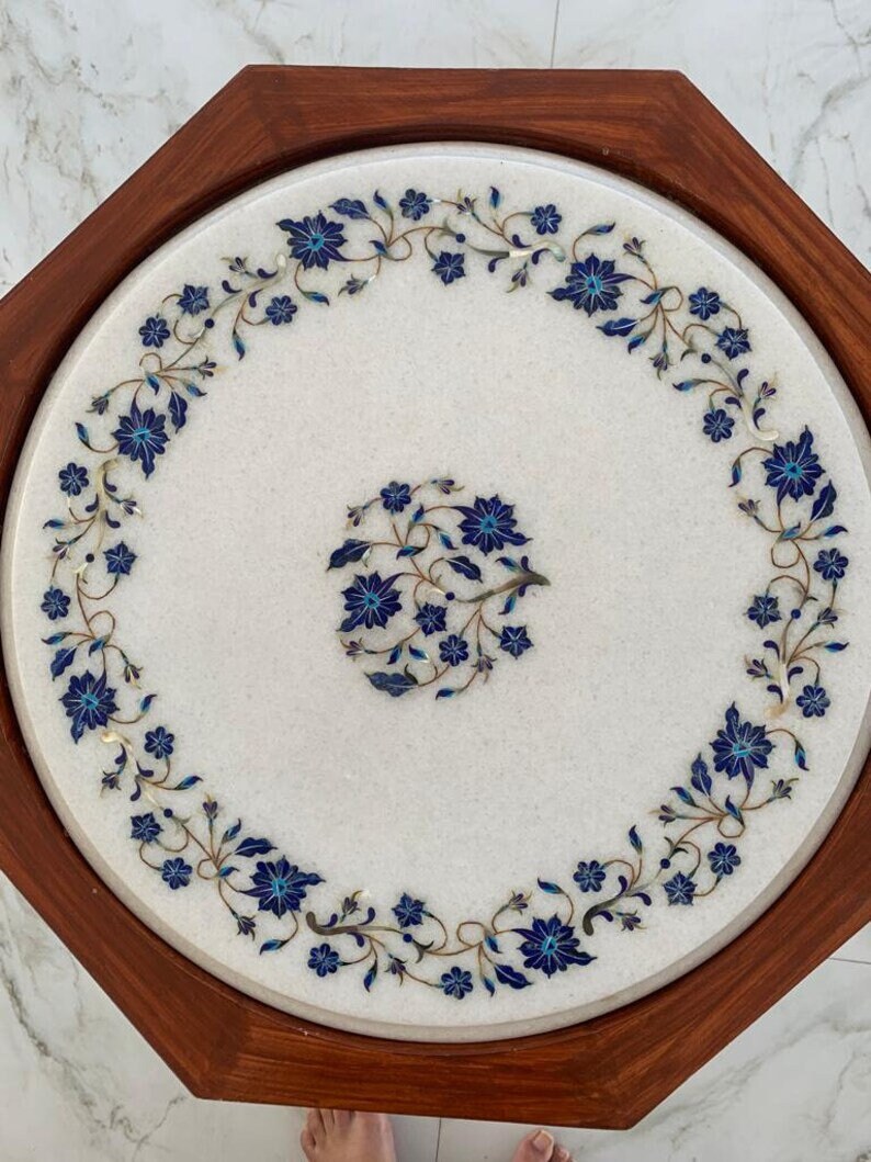 Marble Round Side Corners Table Top Handmade Lapis Semi Precious Stones ...