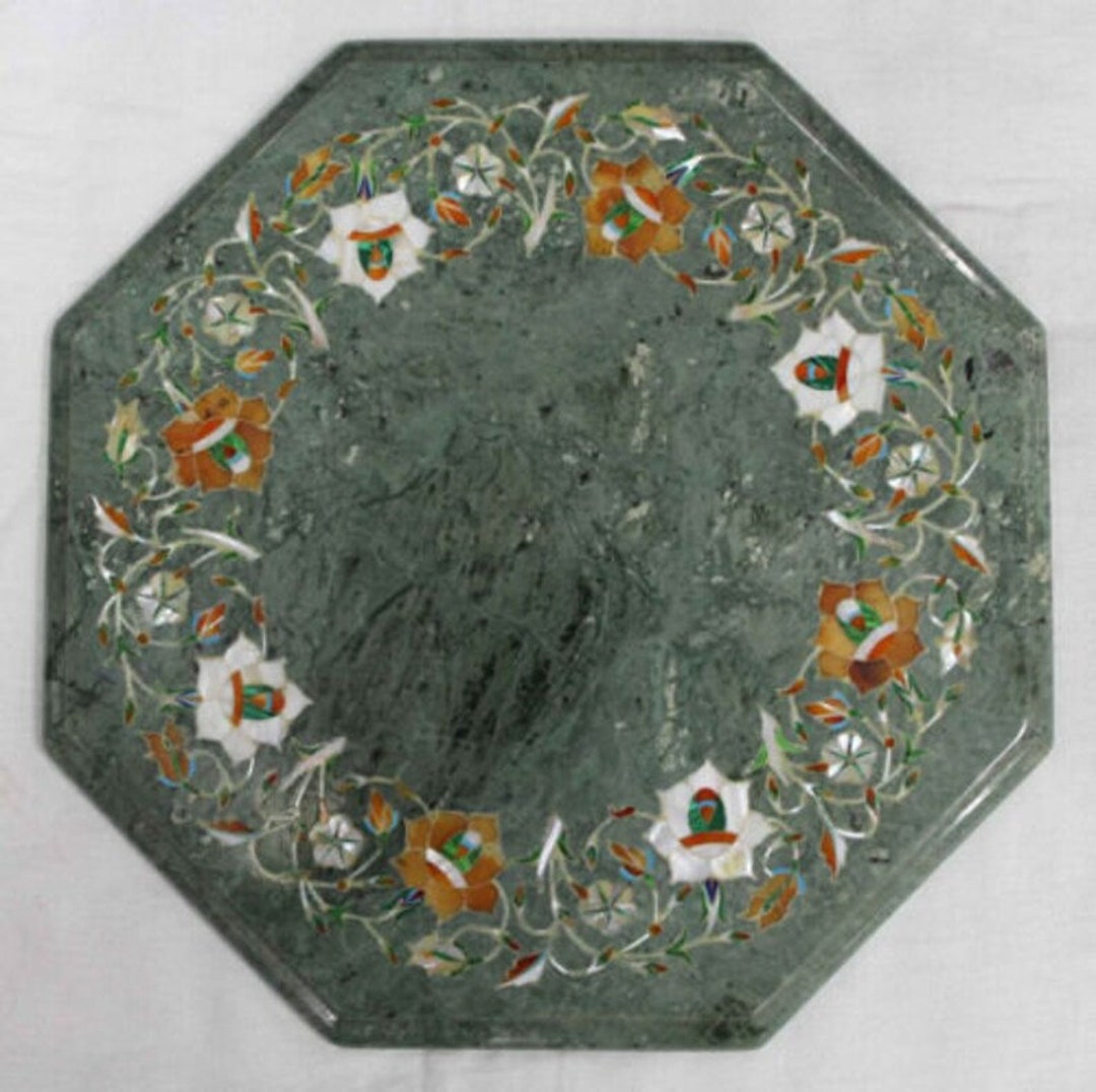 Green Marble Side Table Top / Marble Corner Semi Precious Stones Inlay ...
