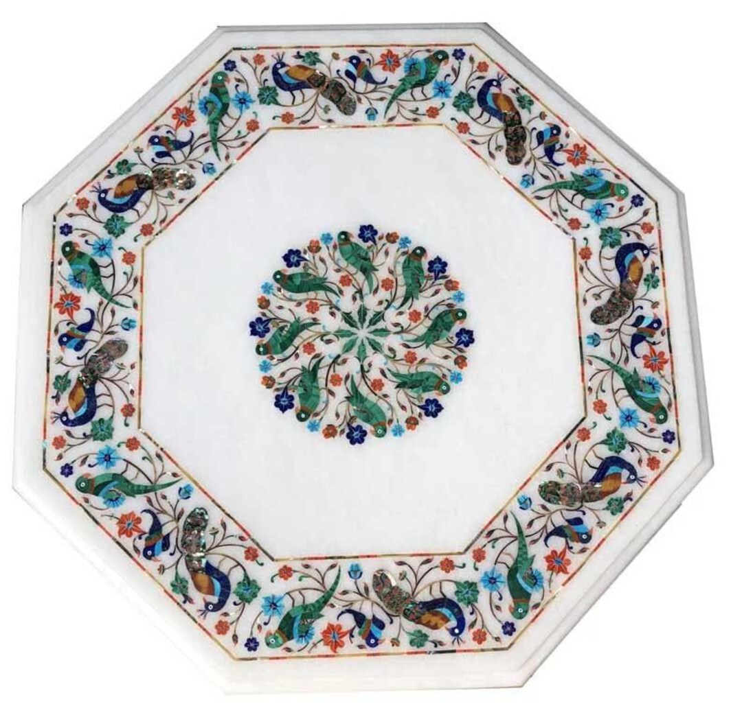 Stunning Marble Coffee Table Top Semi Precious Peacock Birds Design ...