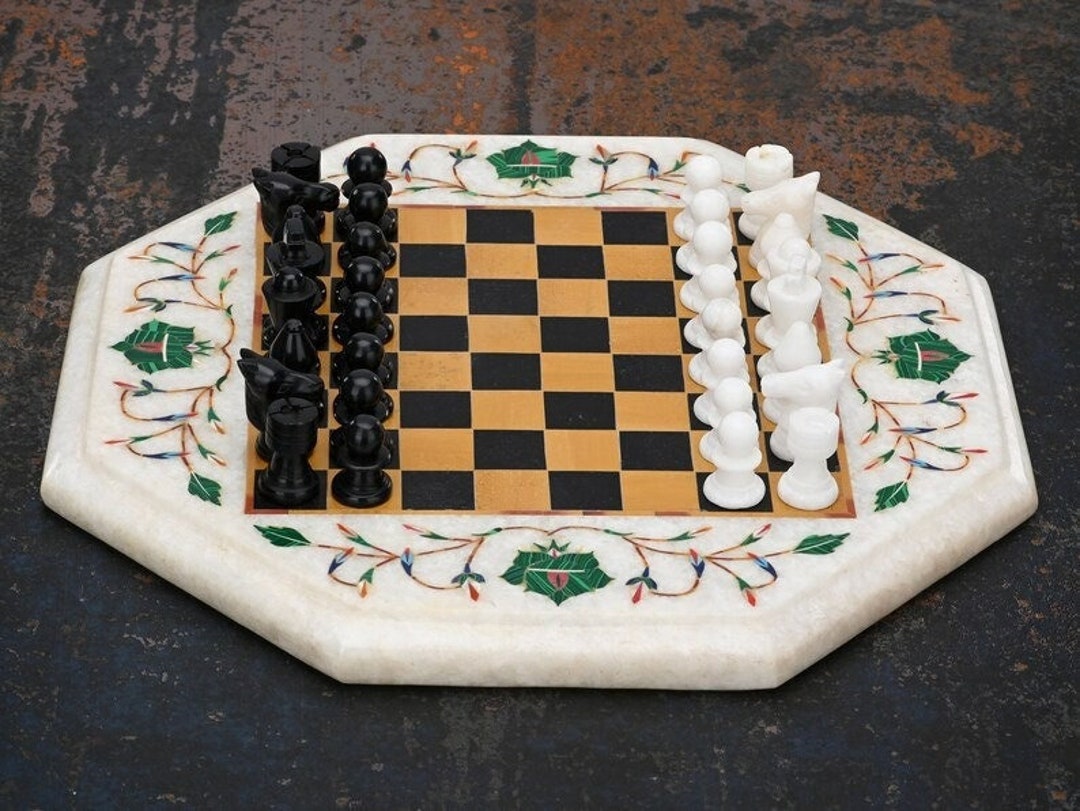12X12 Inches White Marble Stone Inlay Chess Board With Hand Carved ...