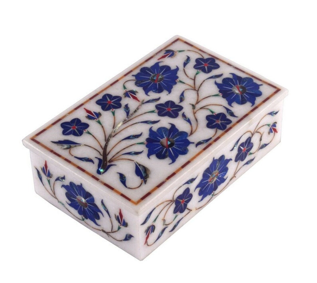 6" X 4" Marble Jewelry Box / Trinket Box Semi Precious Stones Inlay ...
