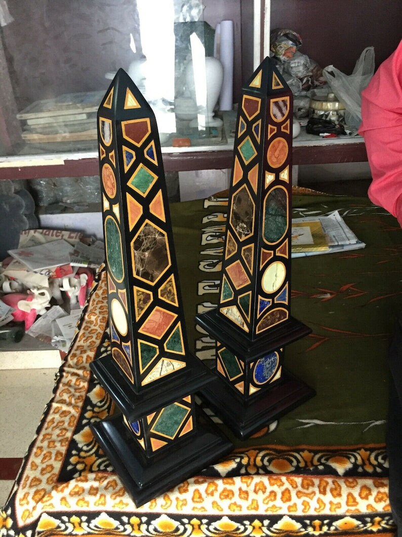 Monumental Pair of Obelisks Inlay Stones Semi Precious Stone Handmade ...