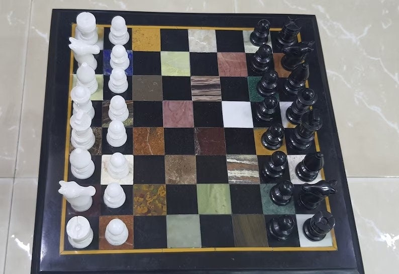 12 Inches Marble Stone Inlay Chess Board With Hand Carved - Etsy