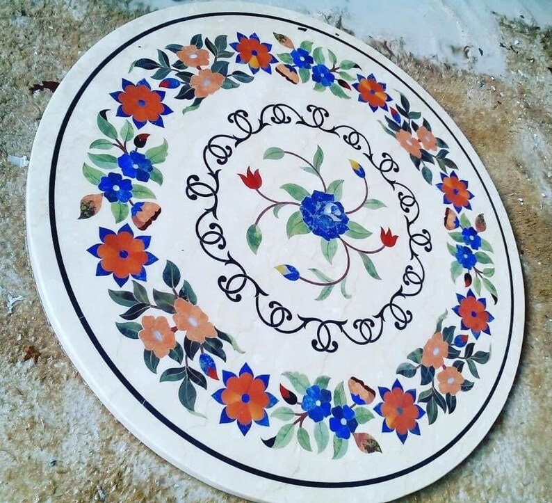 Marble Round Center / Dining Table Top Handmade Semi Precious Stones ...
