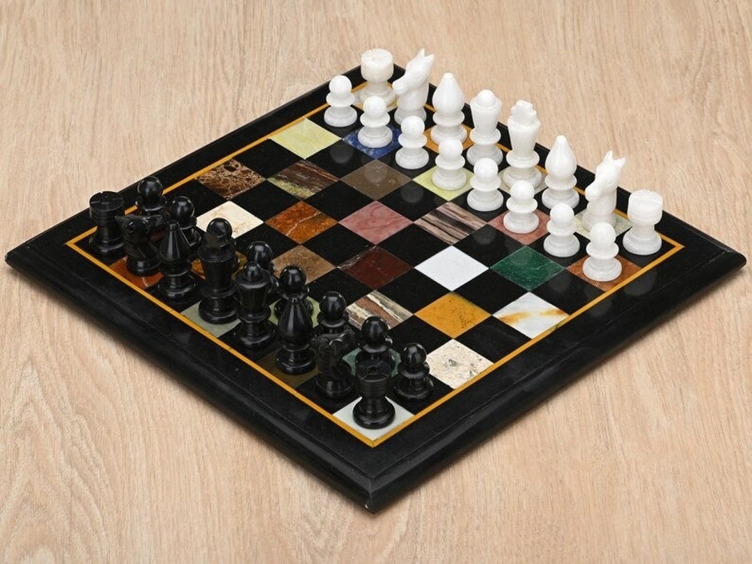12 Inches Marble Stone Inlay Chess Board With Hand Carved Chess Pieces ...