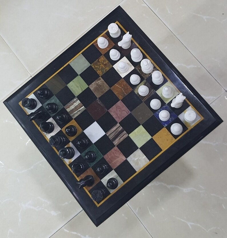 12 Inches Marble Stone Inlay Chess Board With Hand Carved - Etsy