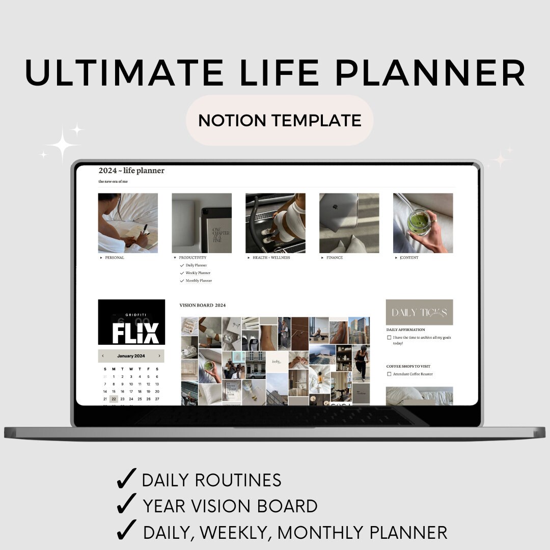 Ultimate Life Planner 2024 All in One Notion Dashboard Advanced Notion Calendar ADHD Personal ...
