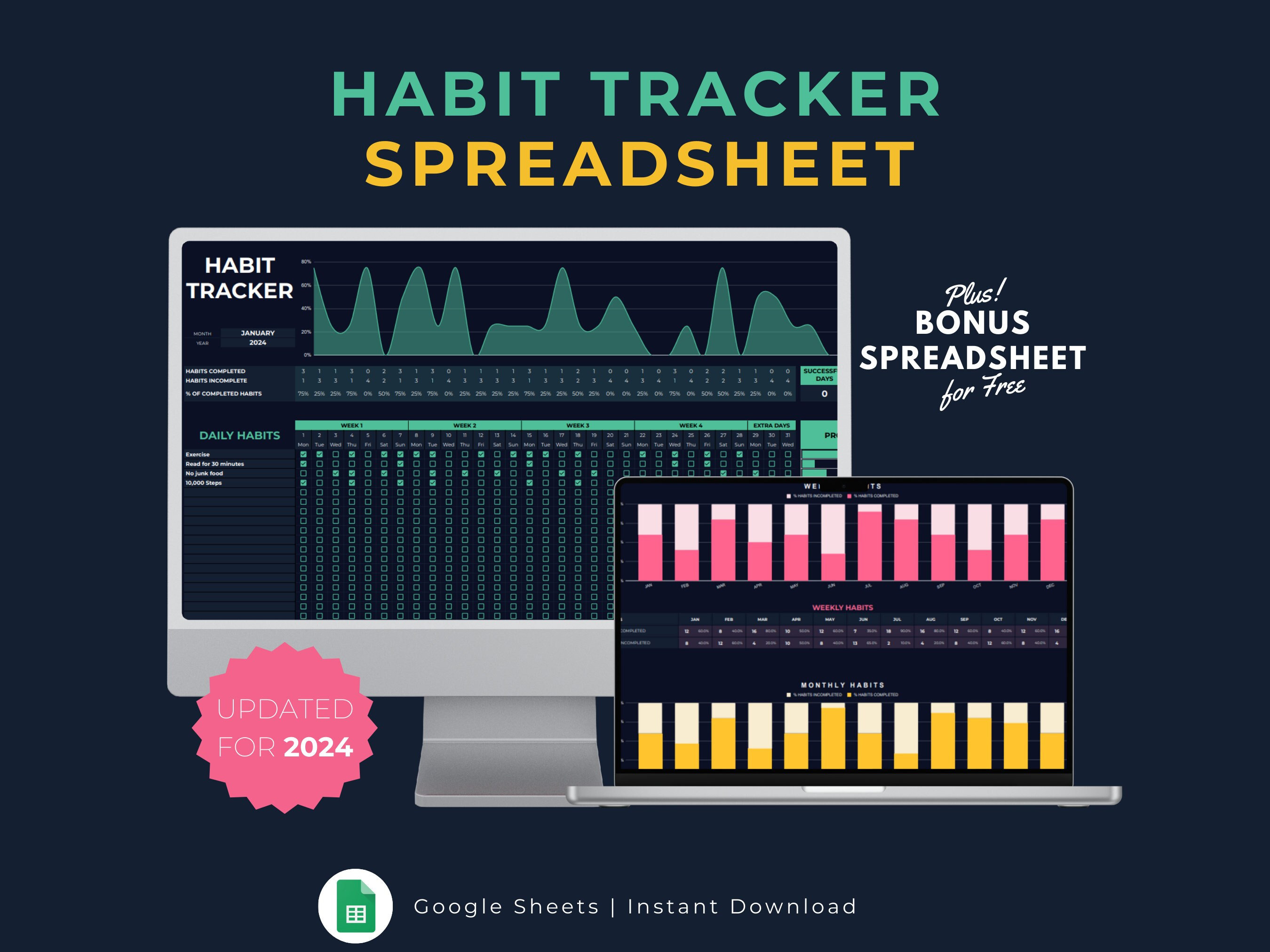 Habit Tracker Goal Tracker Spreadsheet Google Sheets Template Daily ...