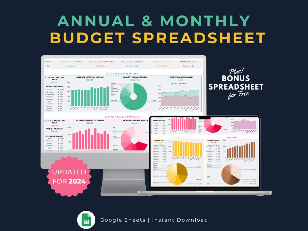 Annual & Monthly Budget Spreadsheet Financial Planner Googlesheets ...