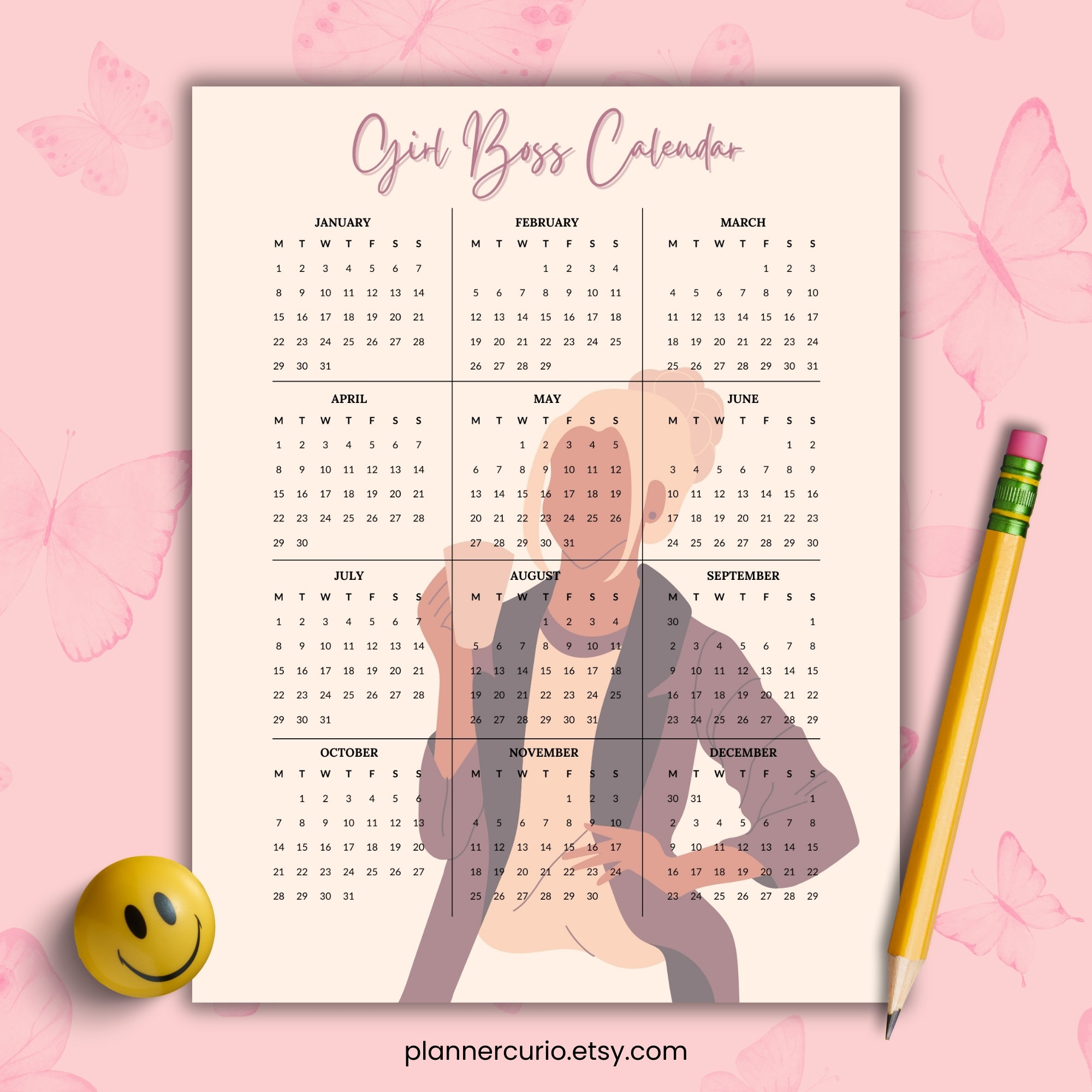 2024 Year at A Glance Calendar Girl Boss Printable Boss Babe - Etsy