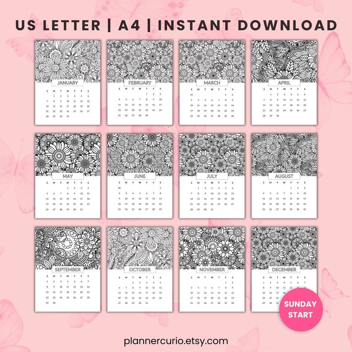 2024 Calendar Printable Coloring Pages, Floral Mandala Coloring Page ...