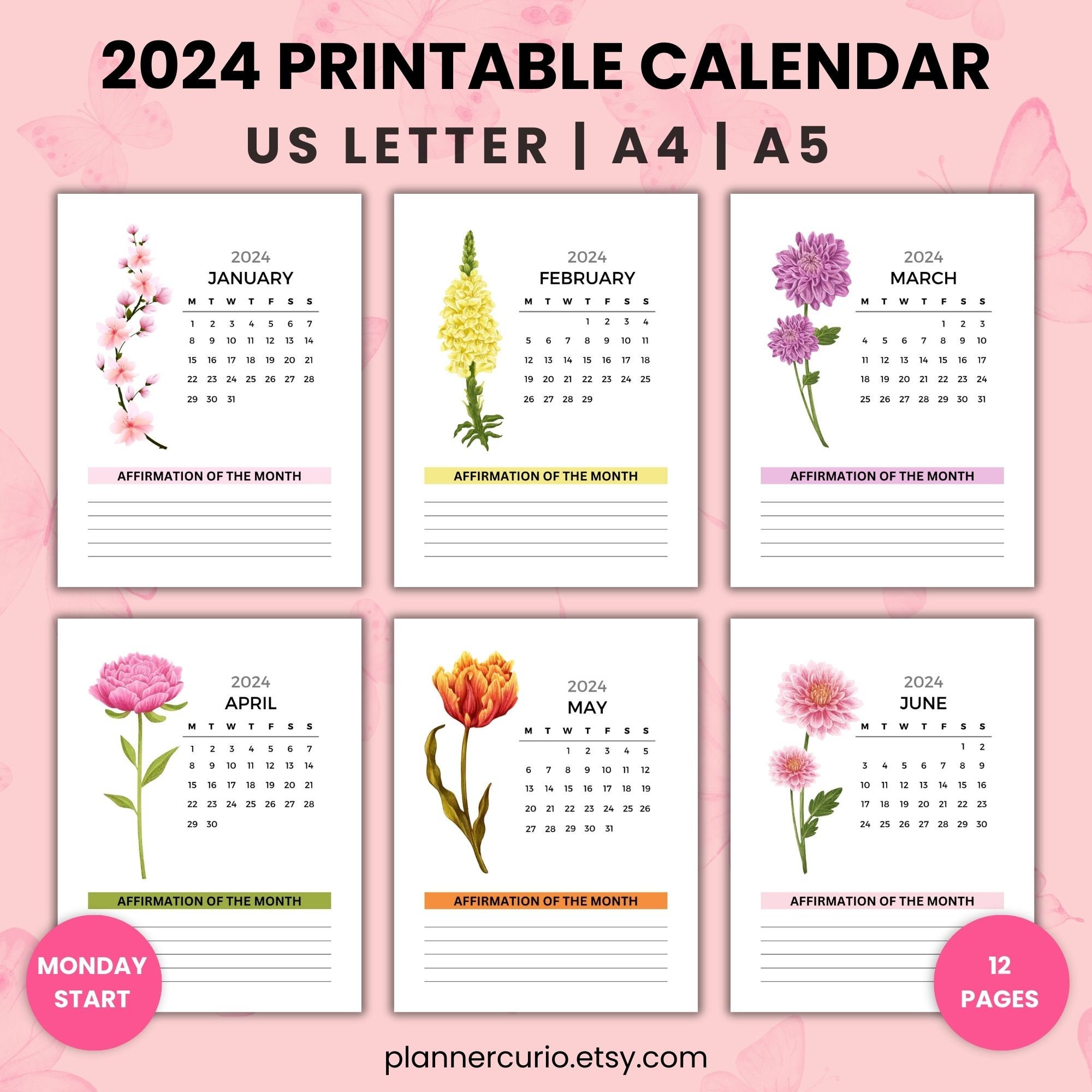 2024 Floral Monthly Calendar Printable, Write Your Own Monthly ...