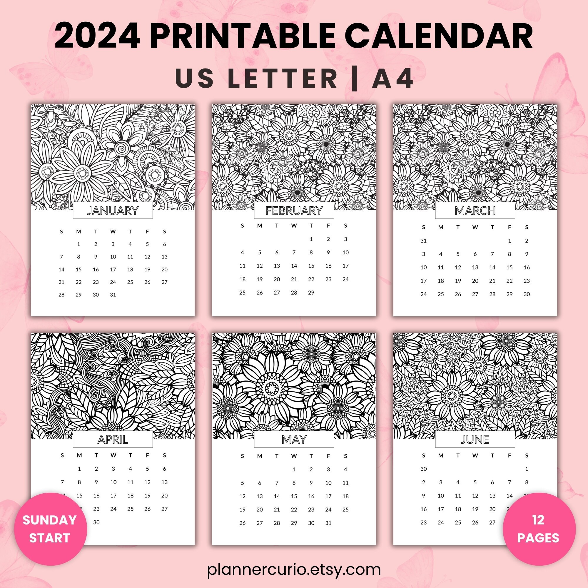 2024 Calendar Printable Coloring Pages, Floral Mandala Coloring Page ...