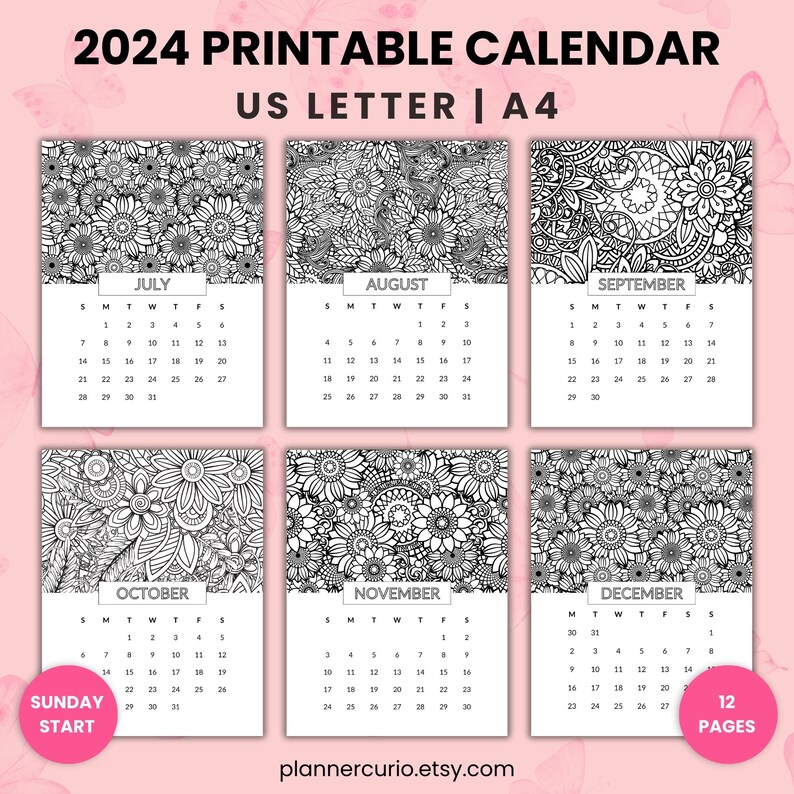 2024 Calendar Printable Coloring Pages, Floral Mandala Coloring Page ...
