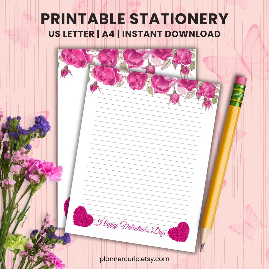 Printable Stationery Valentines Day, Watercolor Roses Border Love ...