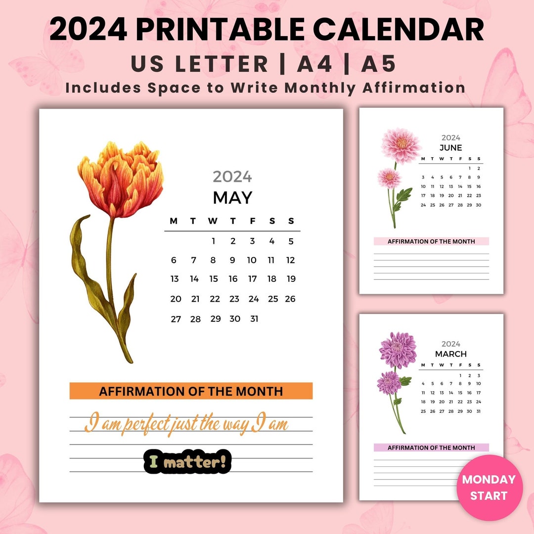 2024 Floral Monthly Calendar Printable, Write Your Own Monthly ...