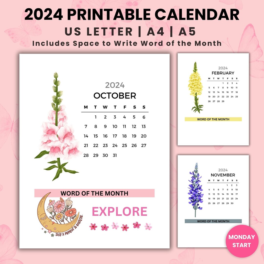 2024 Printable Floral Monthly Calendar, Calendar With Word of the Month ...