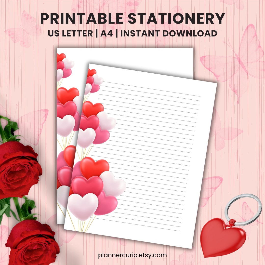 Printable Stationery Valentines Day, Heart Balloons Love Letter Writing ...