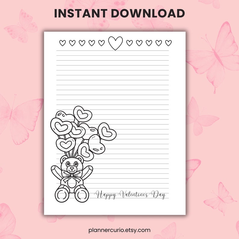 Printable Stationery Valentine's Day, Coloring Teddy Bear Hearts ...
