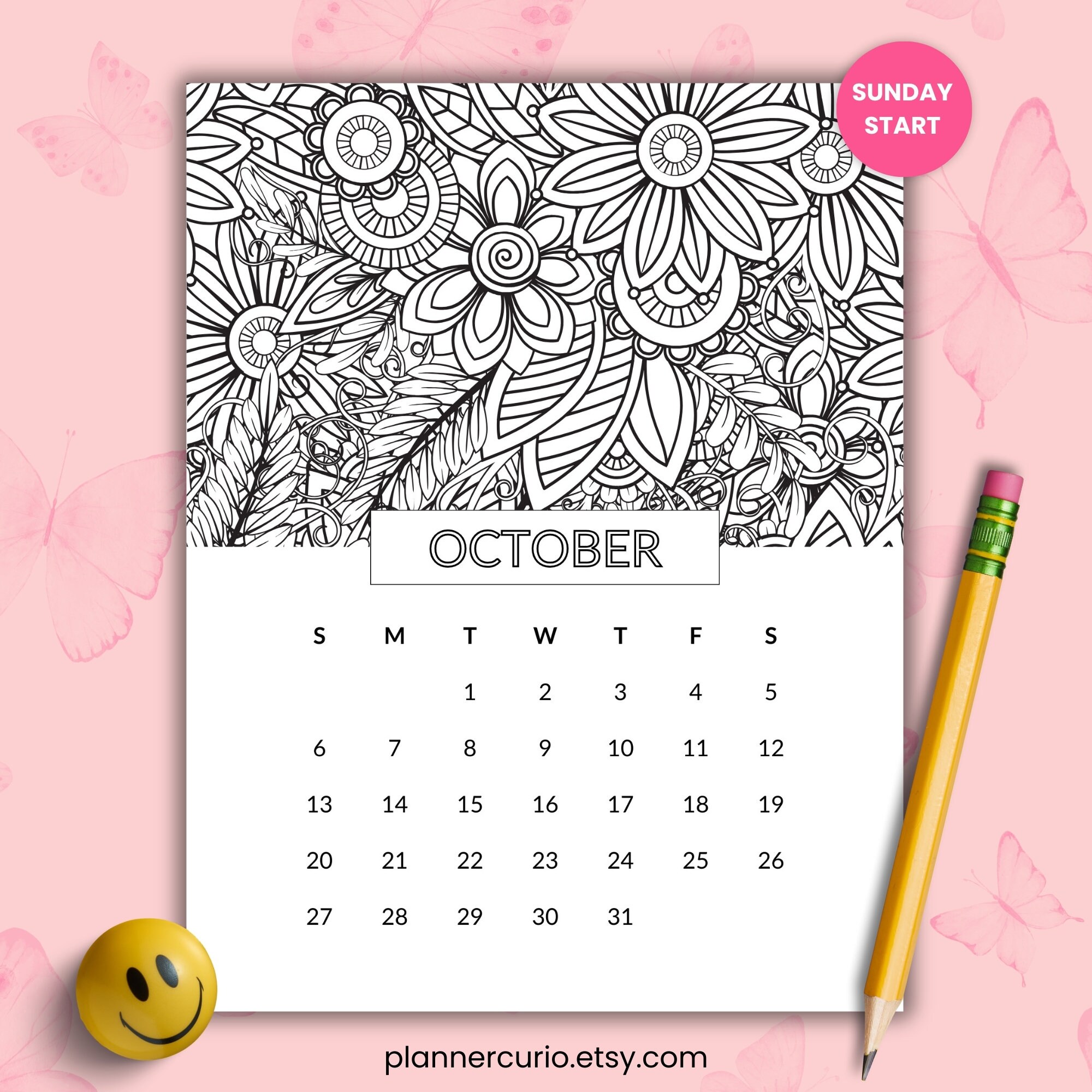 2024 Calendar Printable Coloring Pages, Floral Mandala Coloring Page ...