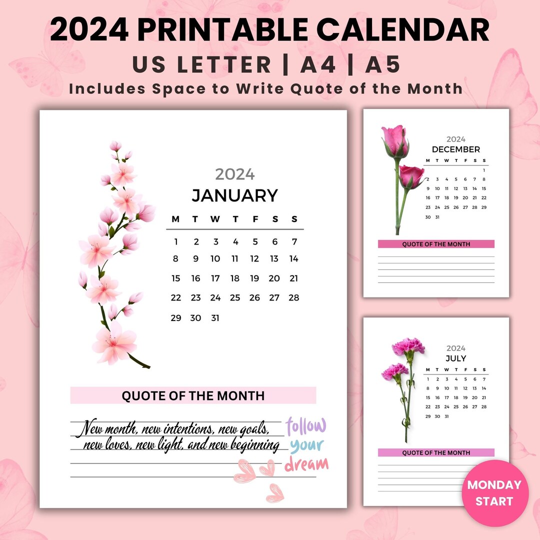 2024 Printable Floral Monthly Calendar, Write Your Own Quote of the ...