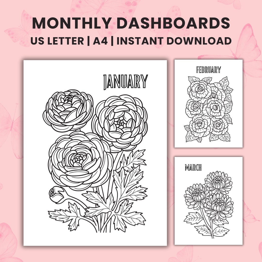 Monthly Dashboards Coloring Pages, Floral Planner Dividers, Color Every ...