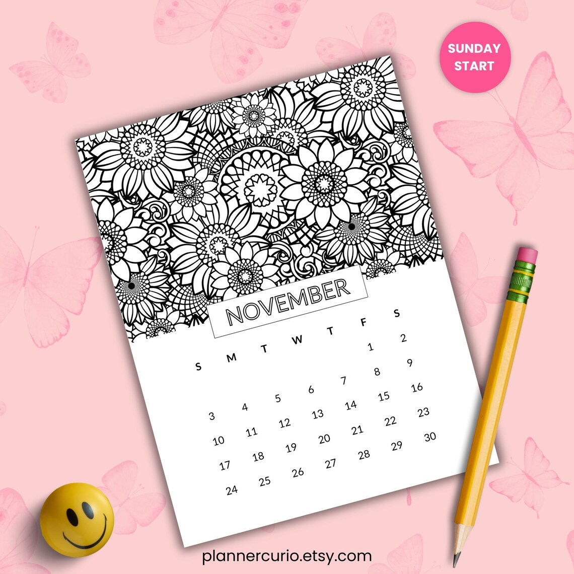 2024 Calendar Printable Coloring Pages, Floral Mandala Coloring Page ...