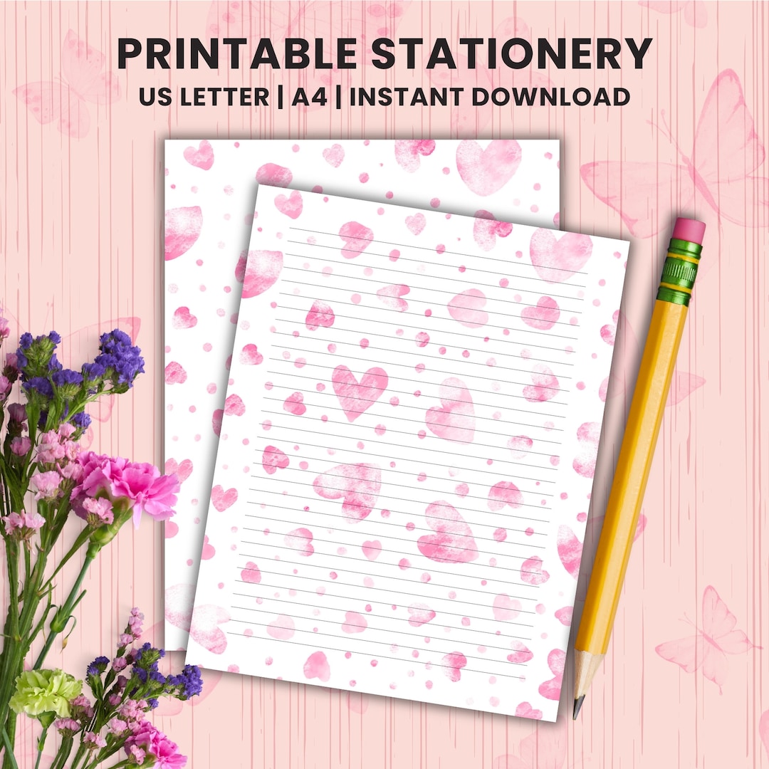 Printable Stationery Valentines Day, Pink Hearts Love Letter Writing ...