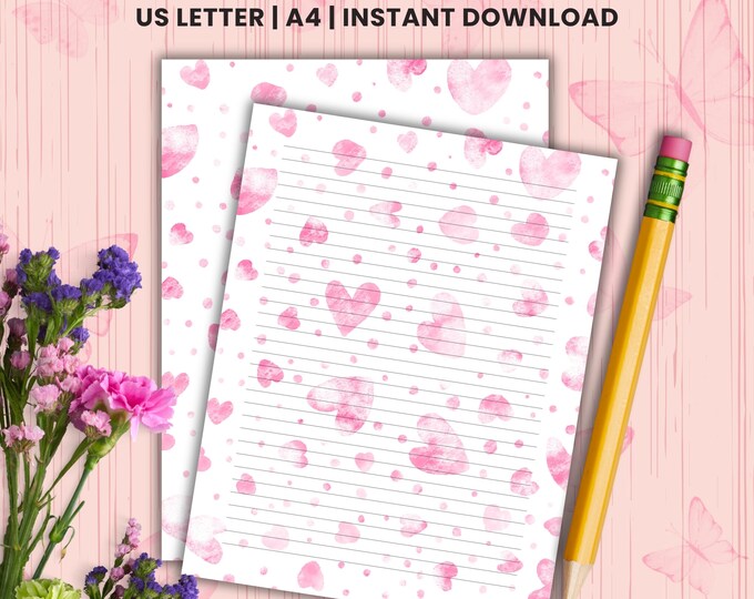 Printable Stationery Valentines Day, Pink Hearts Love Letter Writing ...