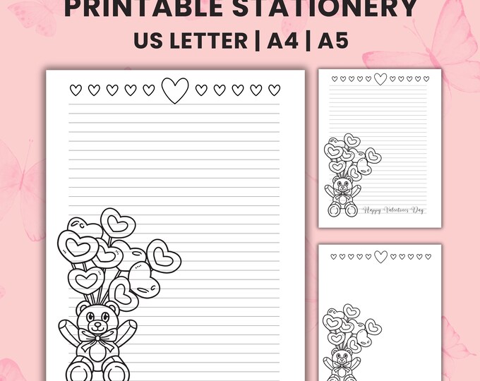 Printable Stationery Valentine's Day, Coloring Teddy Bear Hearts ...