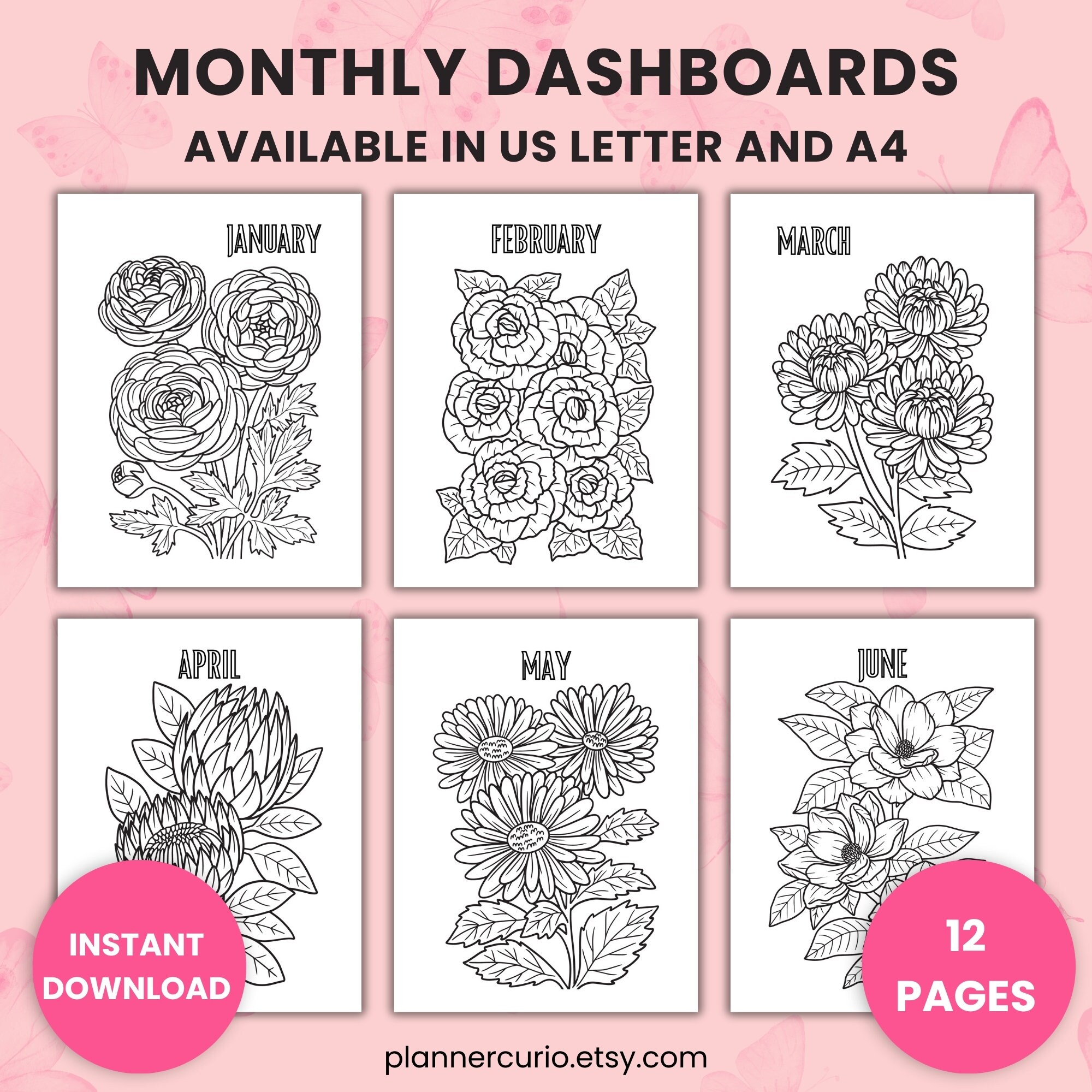 Monthly Dashboards Coloring Pages, Floral Planner Dividers, Color Every ...