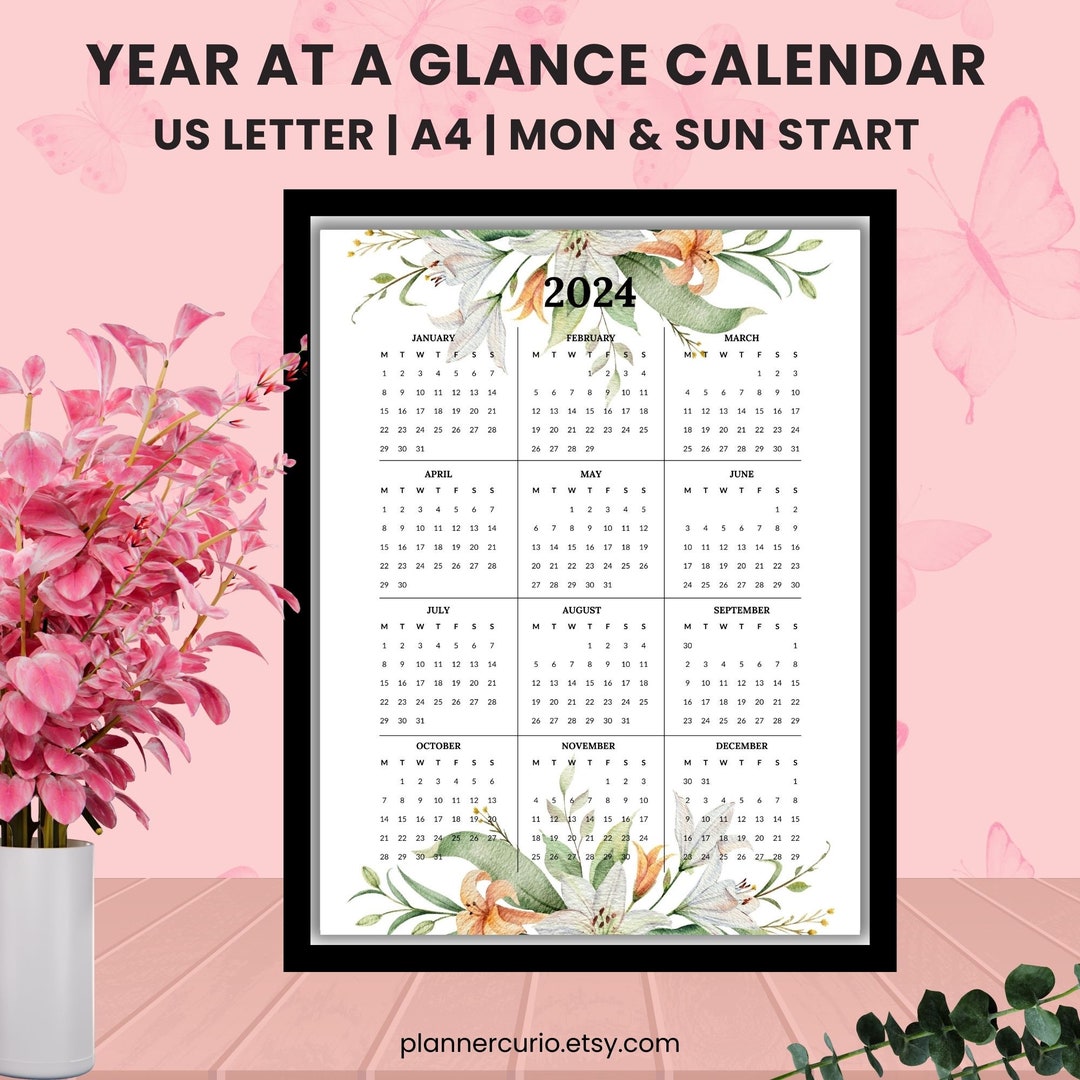 Year at A Glance Calendar Lilly Watercolor, 2024 Floral Yearly Calendar ...