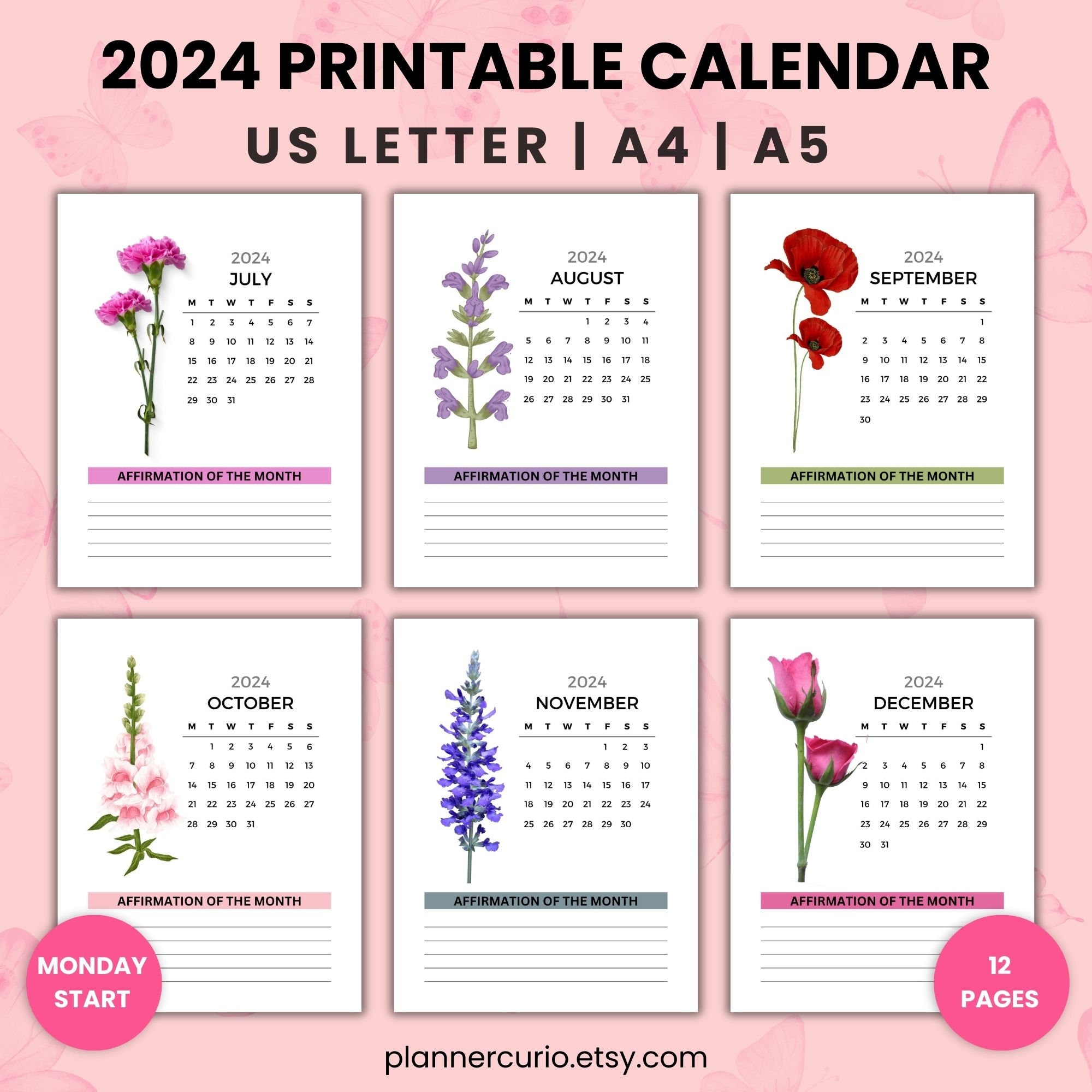 2024 Floral Monthly Calendar Printable, Write Your Own Monthly ...