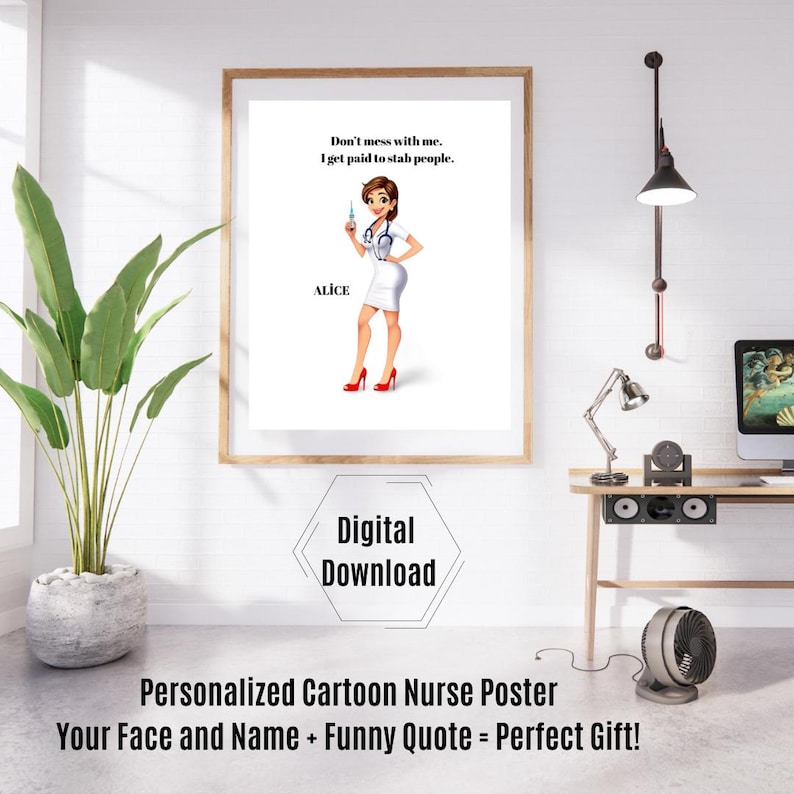 Funny Nurse Cartoon Portrait – Custom Digital Poster – Personalized ...