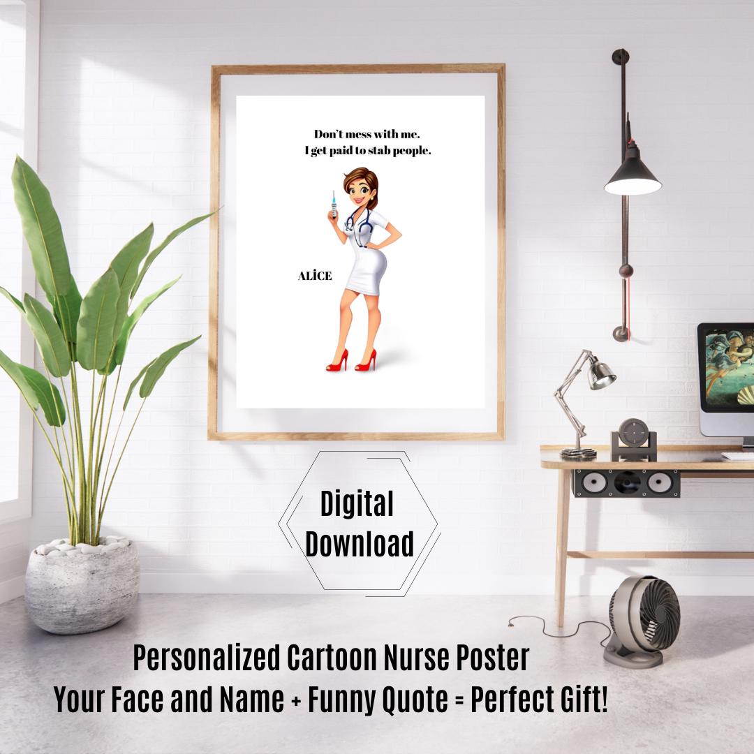 Funny Nurse Cartoon Portrait – Custom Digital Poster – Personalized ...