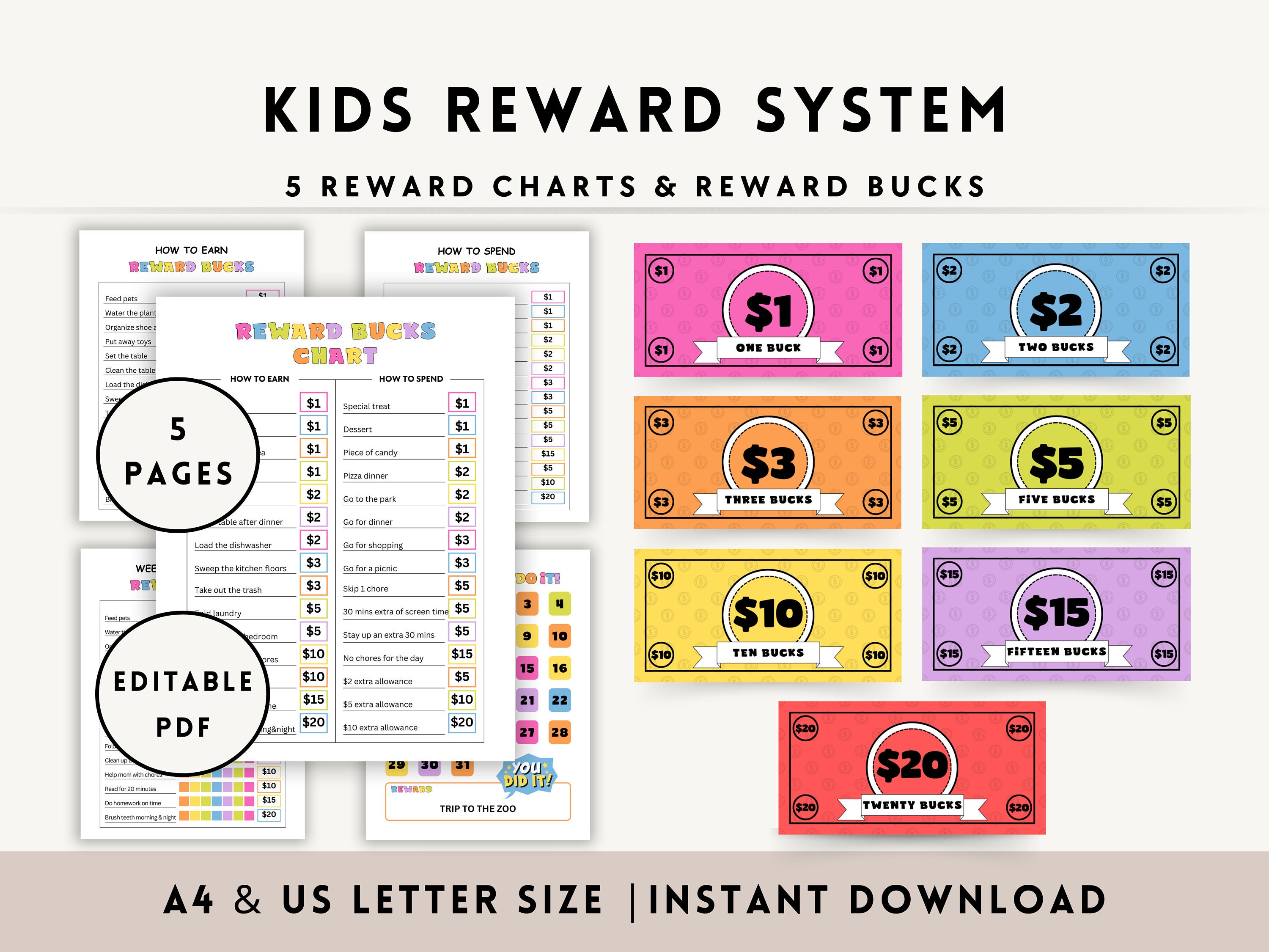 Kids Reward Bucks, Printable Play Money, Chore Dollars, Editable Reward ...