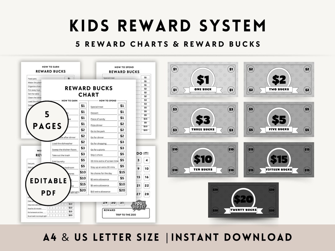 Kids Reward Chart System, EDITABLE Chore Chart & Play Money, Mom Bucks ...