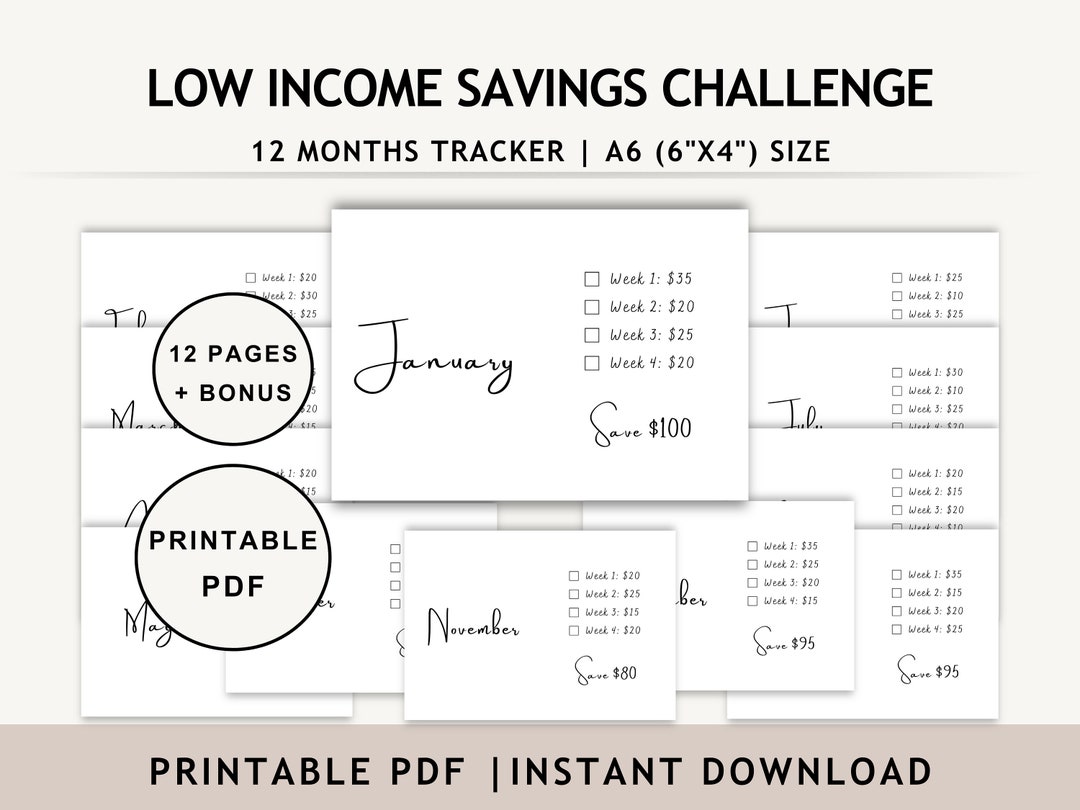 Minimalist Low Income Savings Challenge Printable, Save 1000 in a Year ...